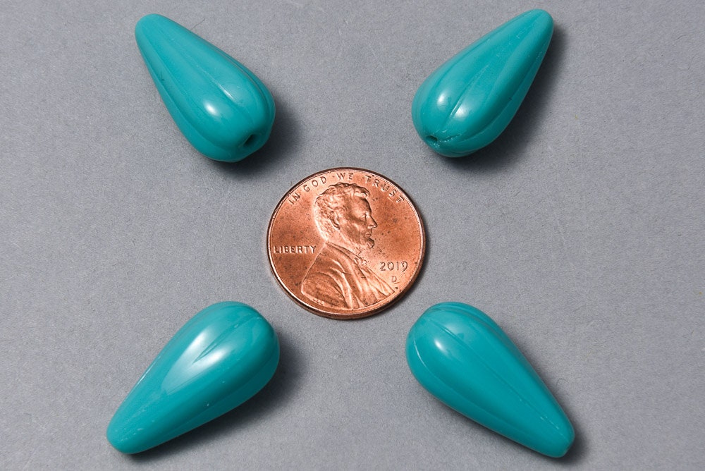 4 Melon Fluted Teardrop Bead. 12x24mm Czech Turquoise Blue Teardrop. CZ ...