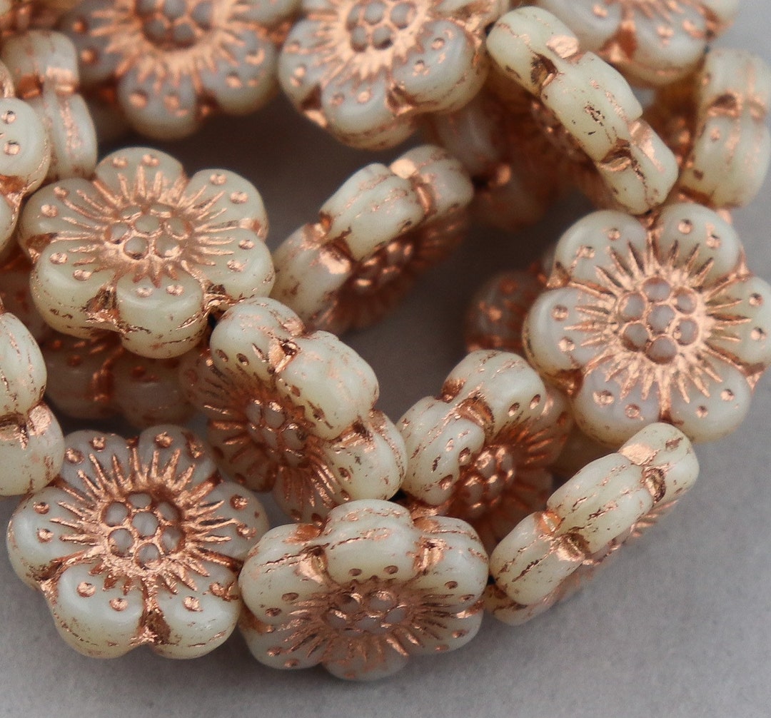 10 Czech 14mm Ivory Anemone Flower Glass Beads. Daisy Czech Beads. CZ ...
