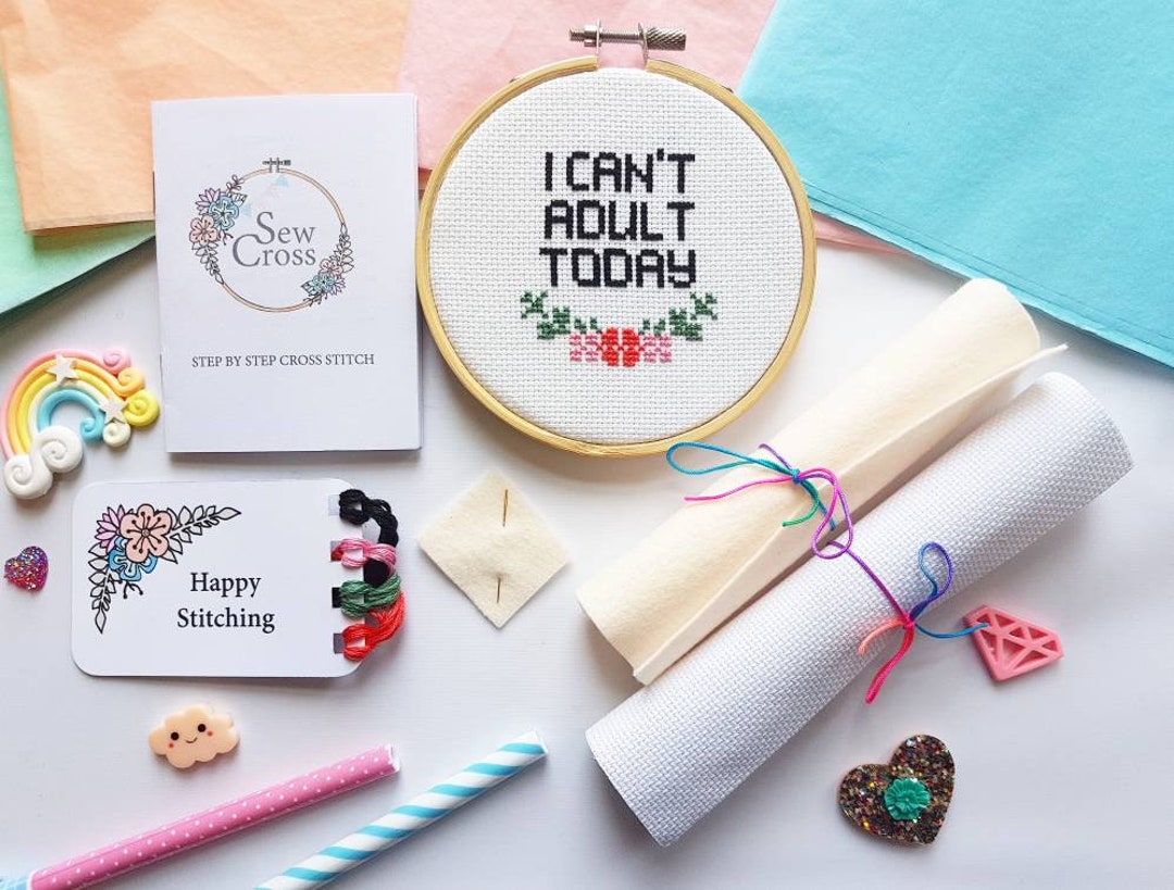 Cross Stitch Kit for Beginners, I Can't Adult Today, Floral Embroidery ...