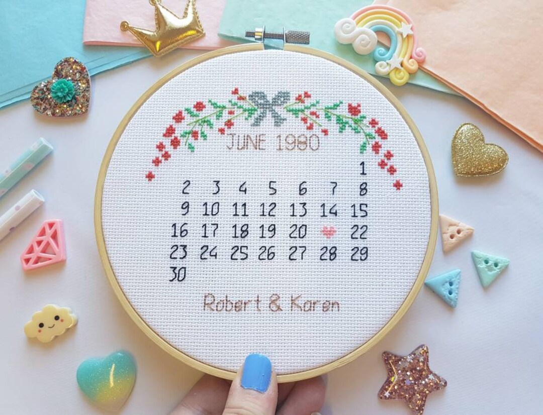 Wedding Calendar Cross Stitch - Personalised Wedding Calendar Hoop ...