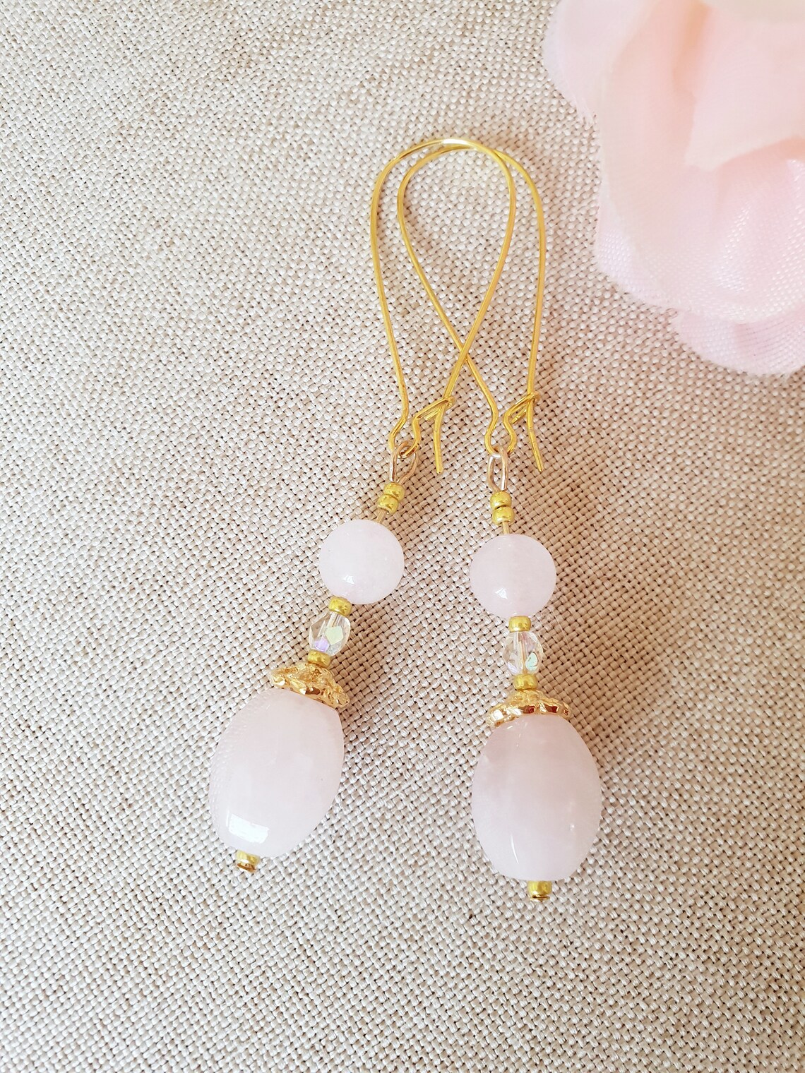 Rose Quartz Earrings, Pink Stone Beaded Handmade Earrings Dangle Gold ...