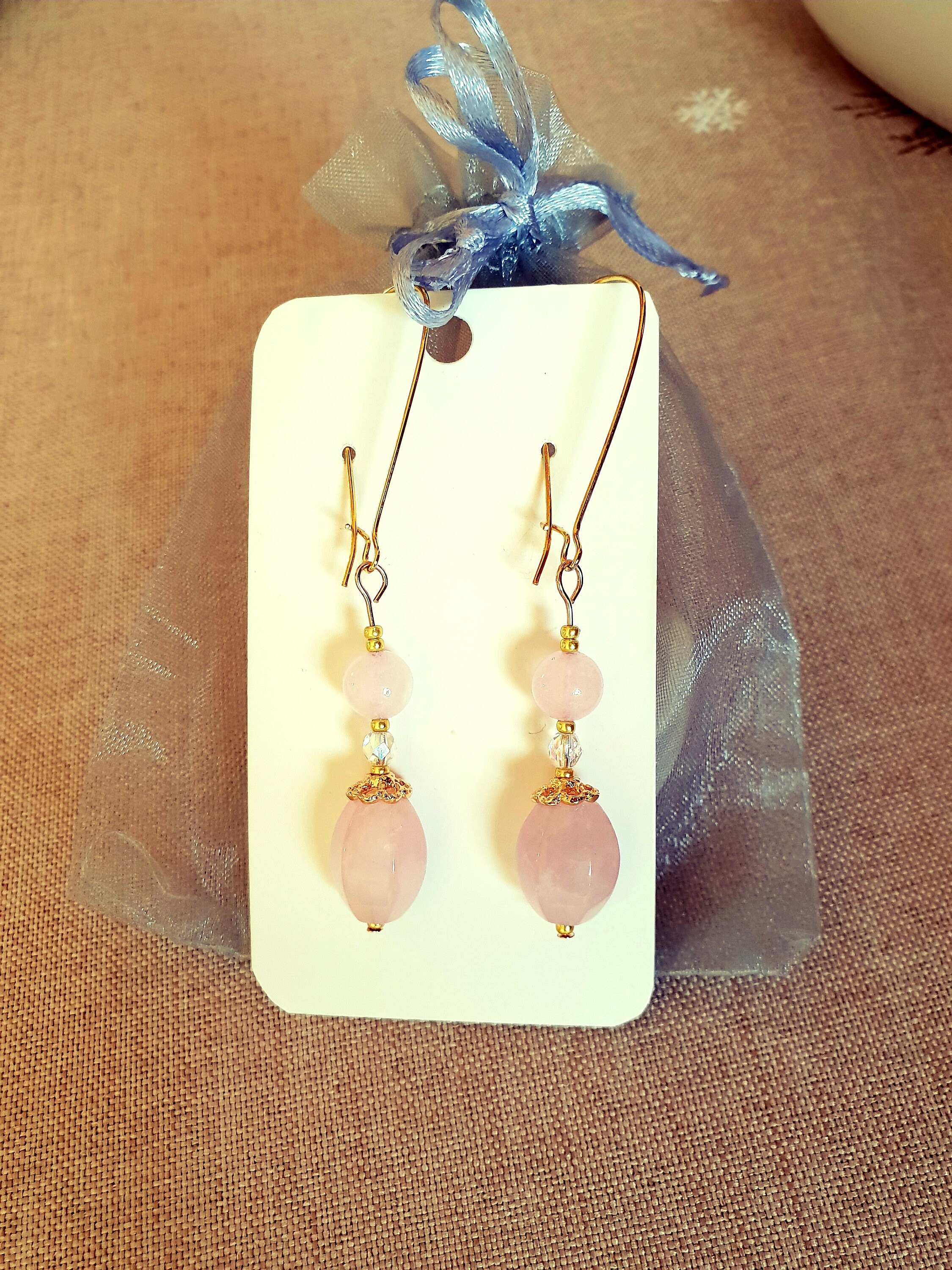 Rose Quartz Earrings, Pink Stone Beaded Handmade Earrings Dangle Gold ...