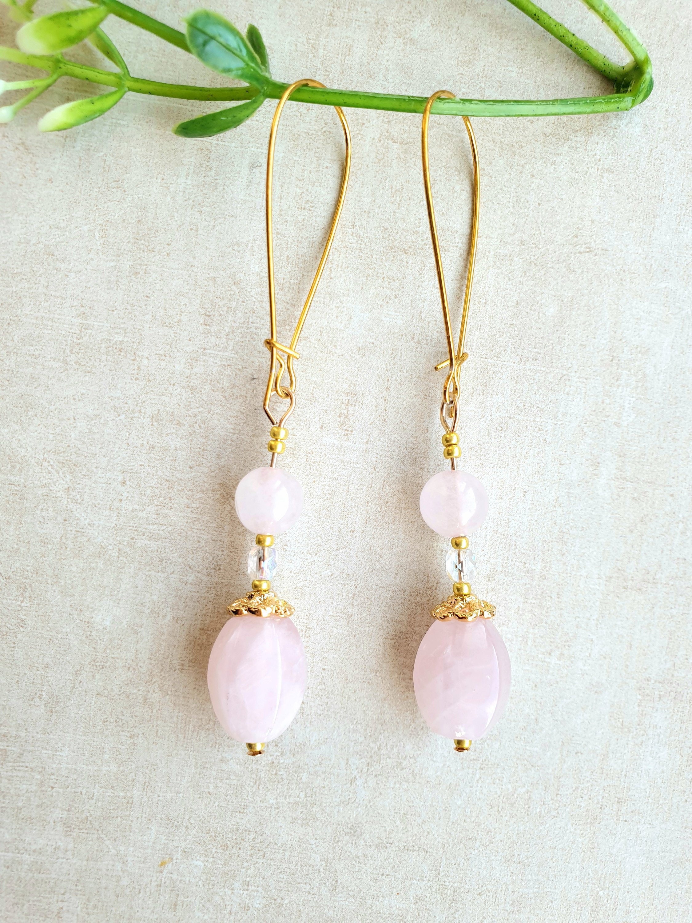 Rose Quartz Earrings, Pink Stone Beaded Handmade Earrings Dangle Gold ...