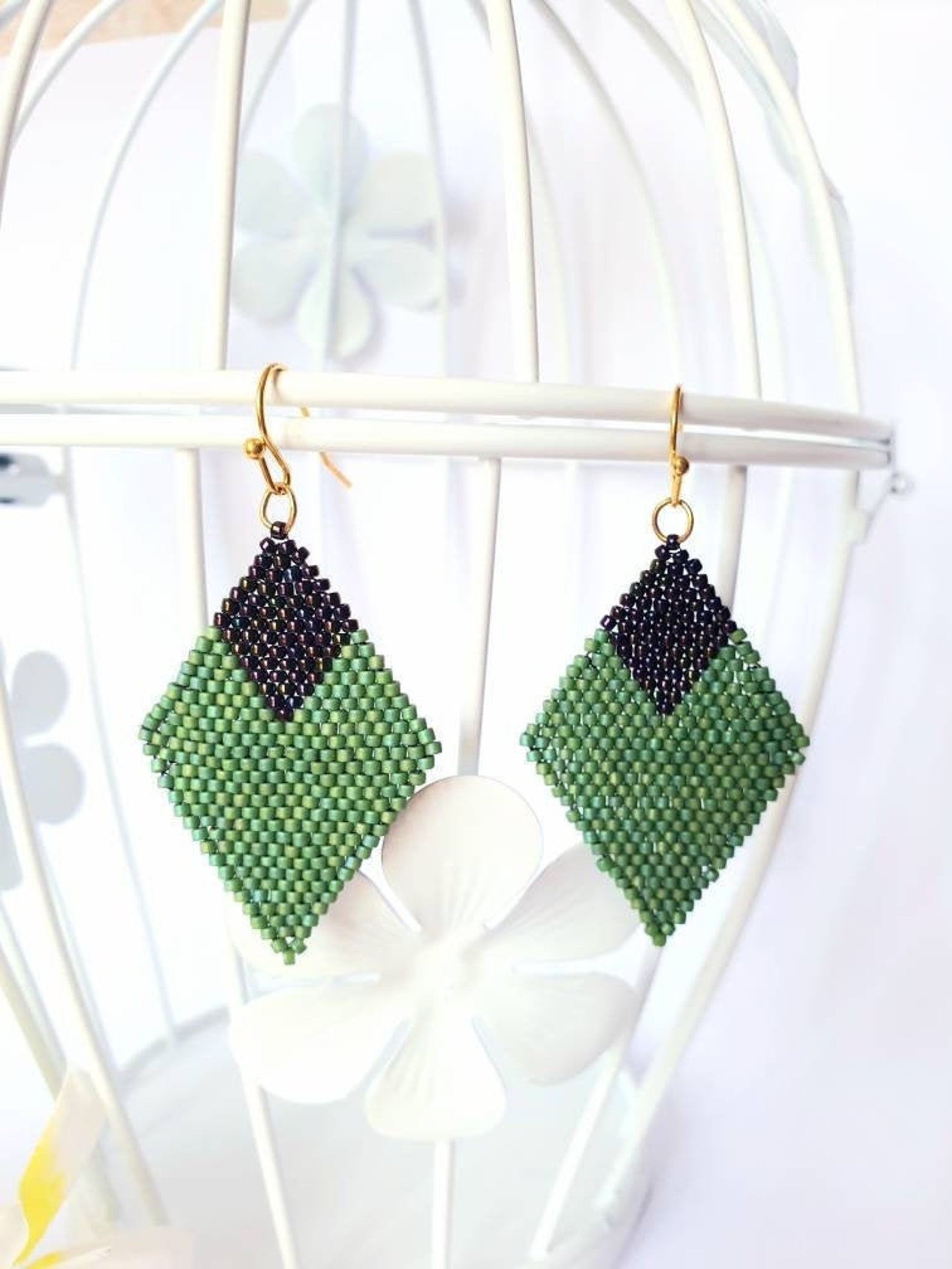 Diamond Shape Earrings, Beaded Green Aztec Earrings, Flat Rhombus ...