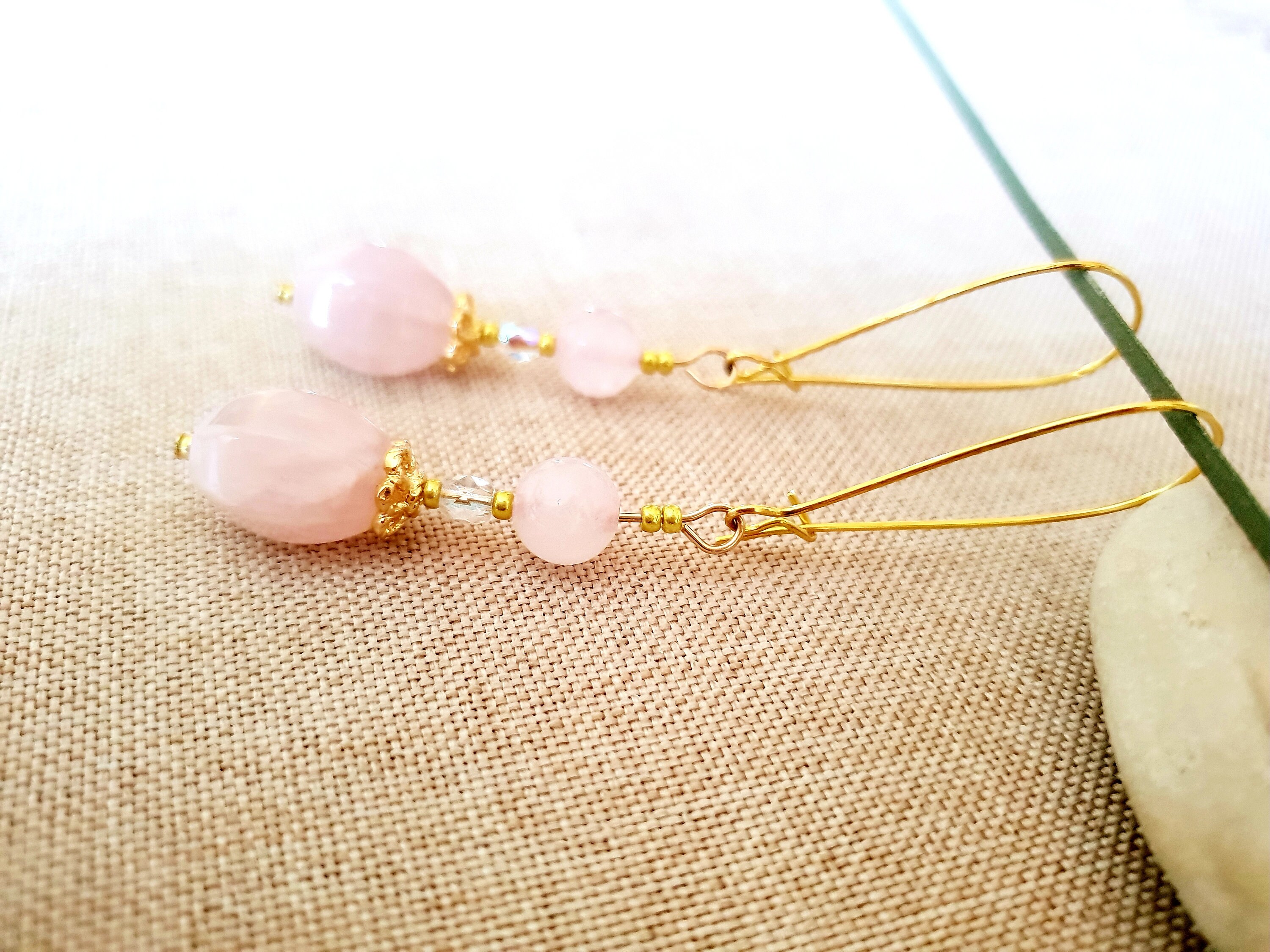 Rose Quartz Earrings, Pink Stone Beaded Handmade Earrings Dangle Gold ...