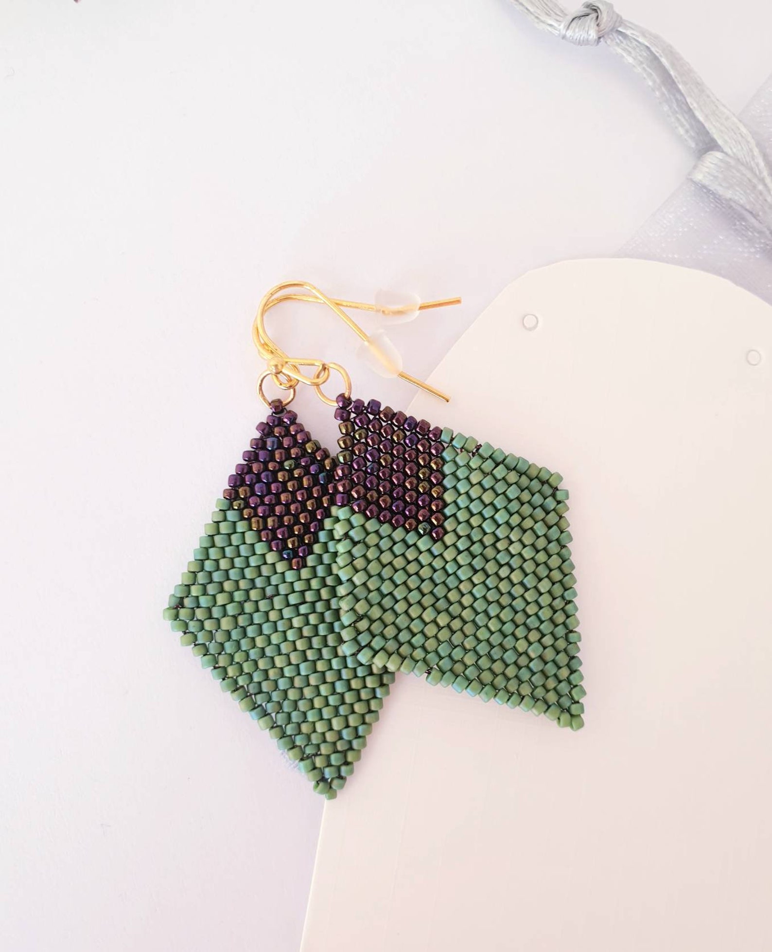 Diamond Shape Earrings, Beaded Green Aztec Earrings, Flat Rhombus ...