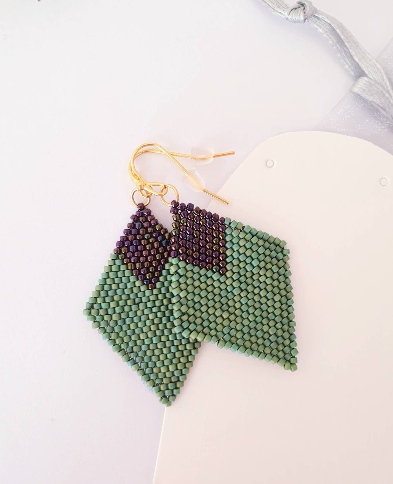 Diamond Shape Earrings, Beaded Green Aztec Earrings, Flat Rhombus ...