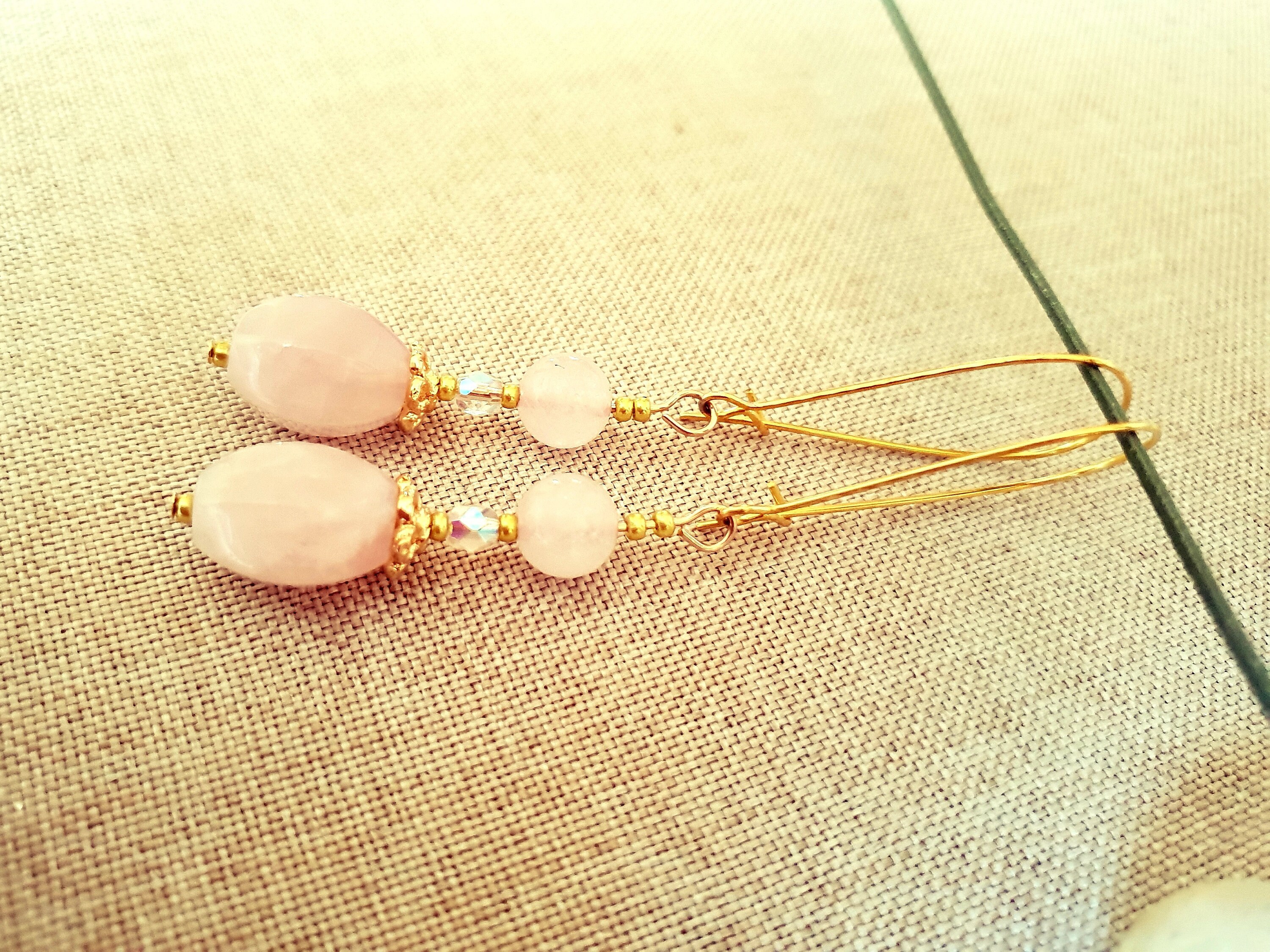 Rose Quartz Earrings, Pink Stone Beaded Handmade Earrings Dangle Gold ...
