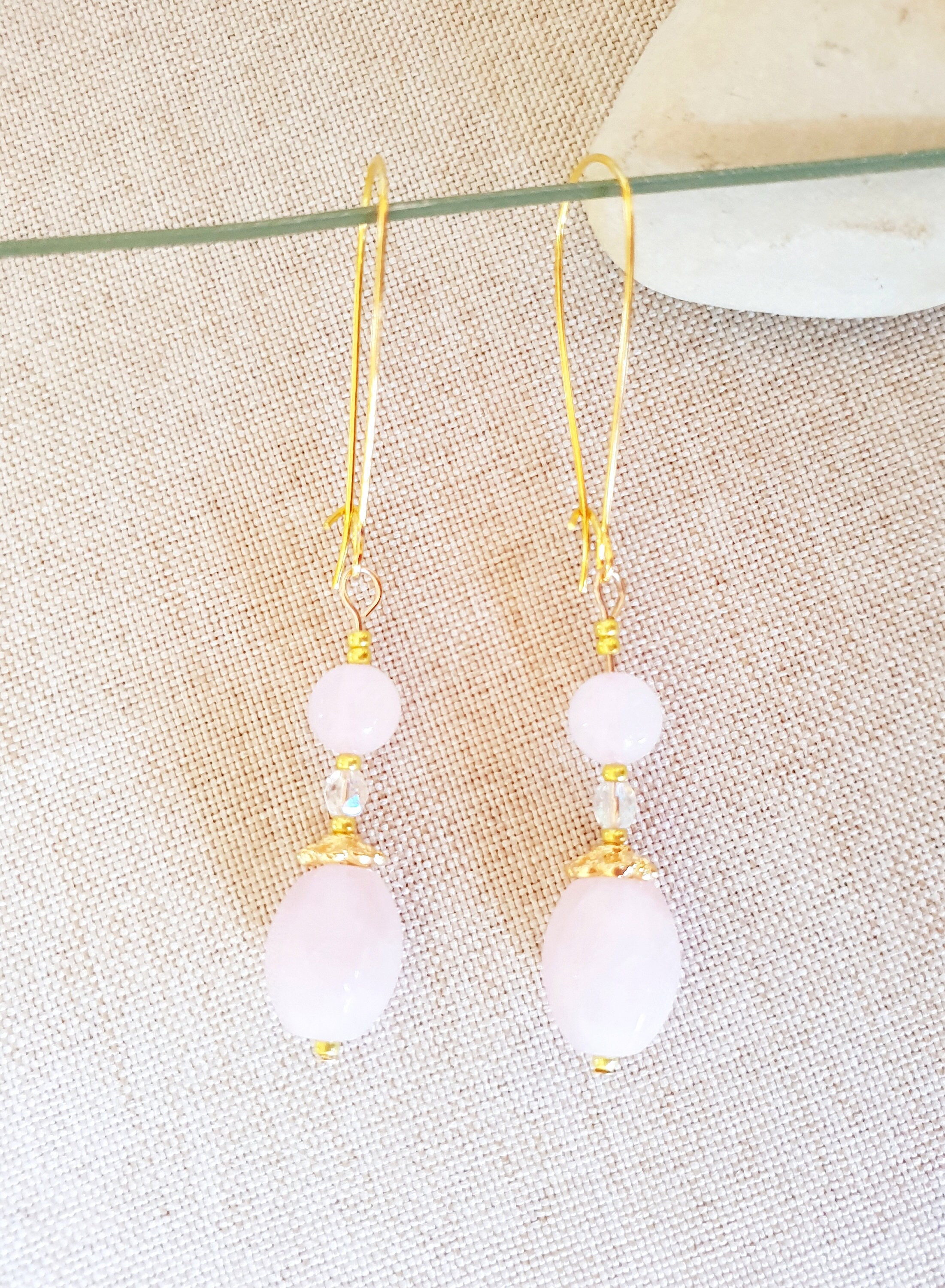 Rose Quartz Earrings, Pink Stone Beaded Handmade Earrings Dangle Gold ...