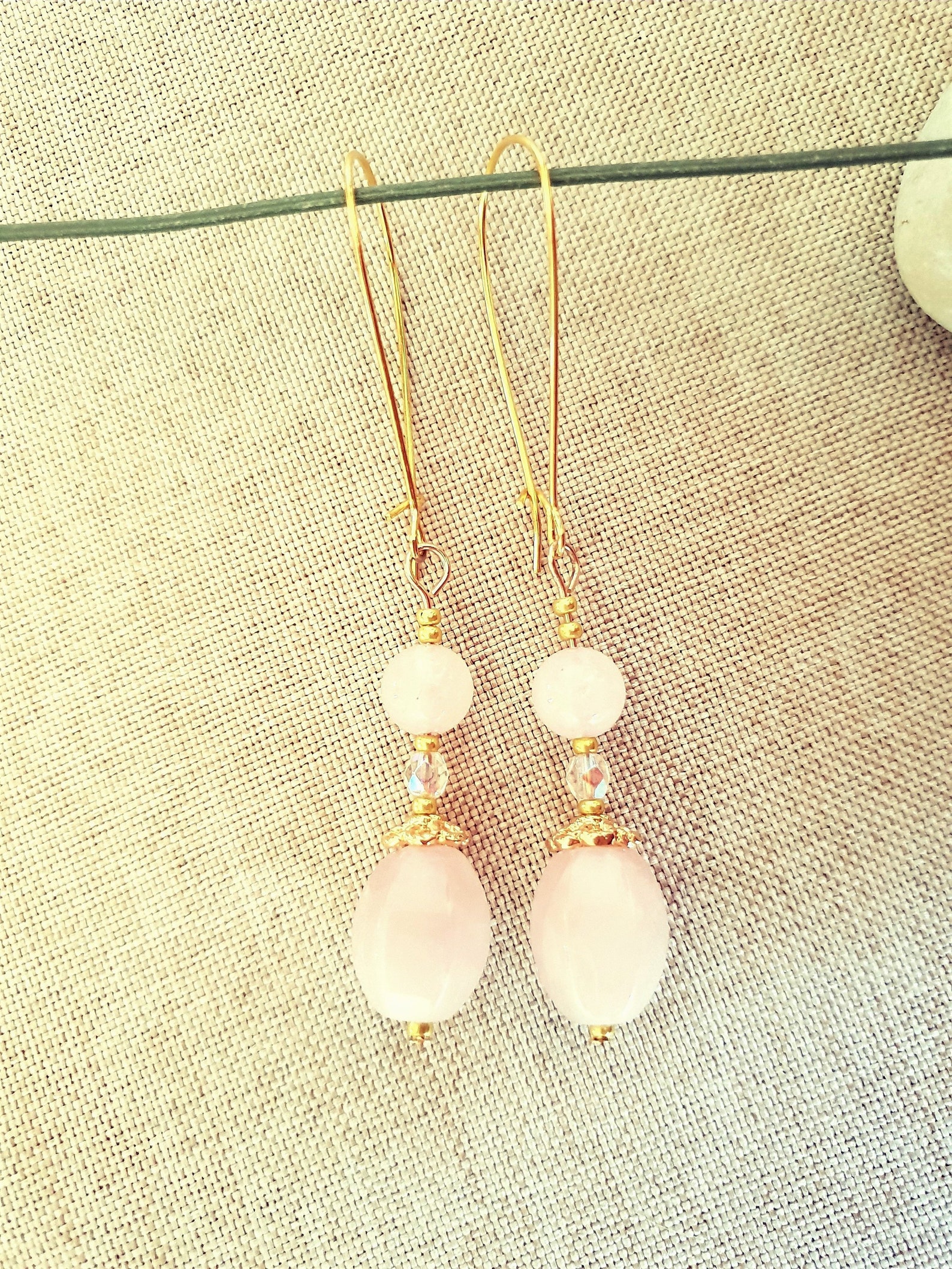 Rose Quartz Earrings, Pink Stone Beaded Handmade Earrings Dangle Gold ...