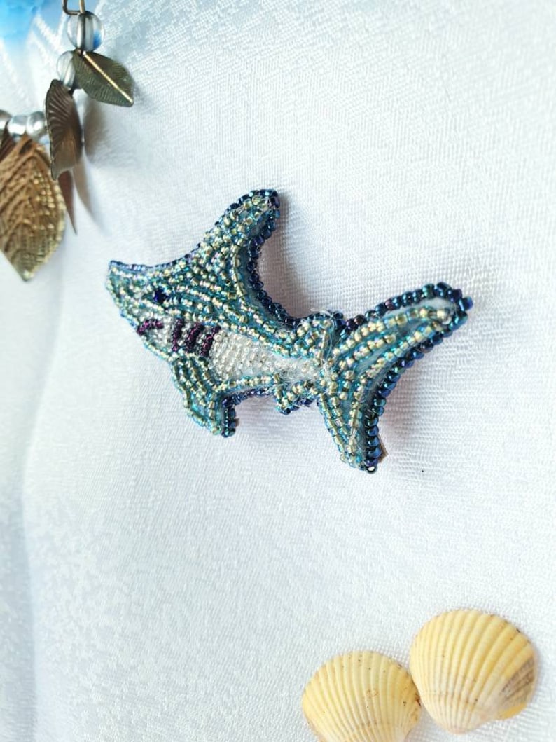 Blue Shark Jewelry Handmade Beaded Fish Brooch Sea Animal - Etsy