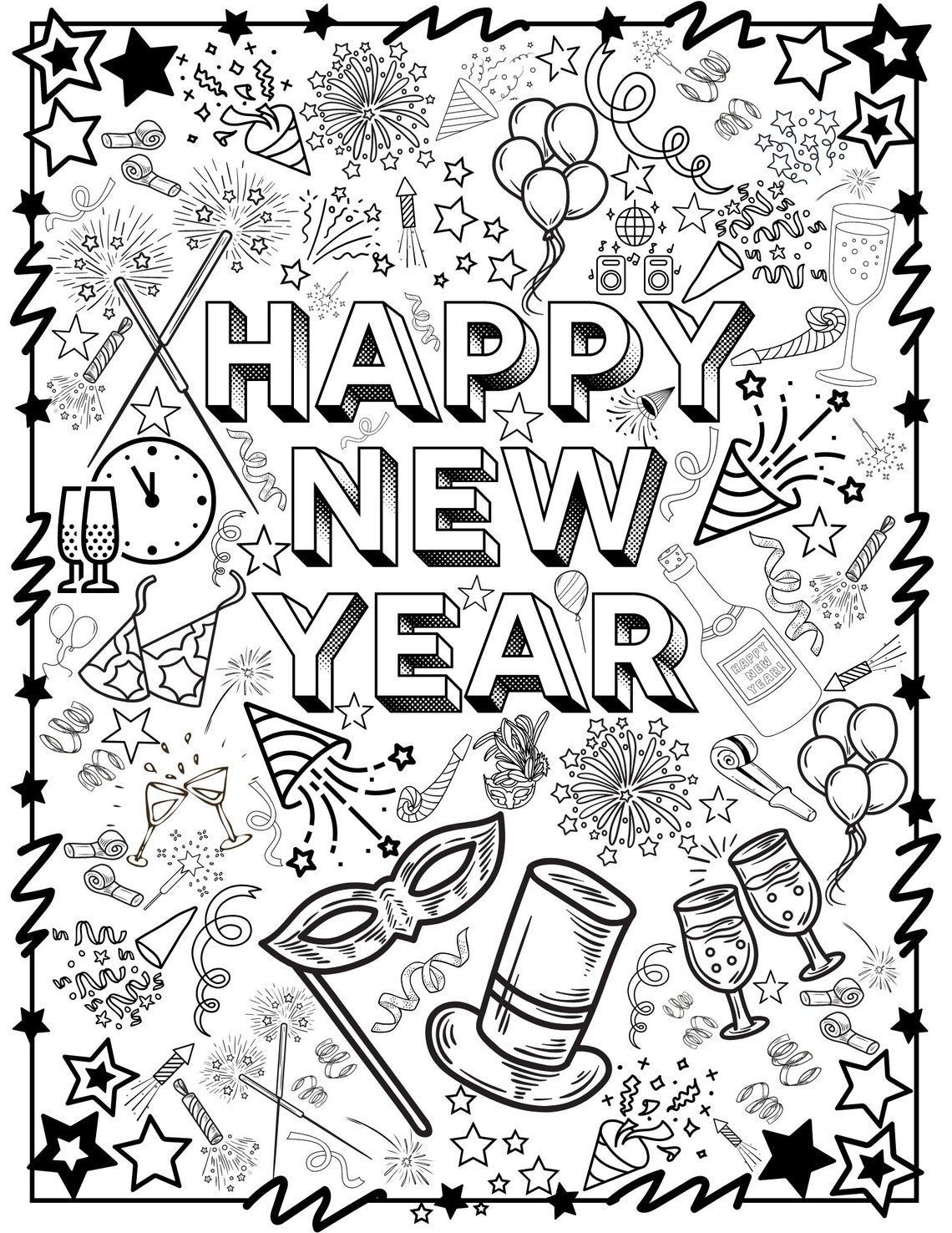 Happy New Year Coloring Page Printable Adult Kids Fun Activity Holiday ...