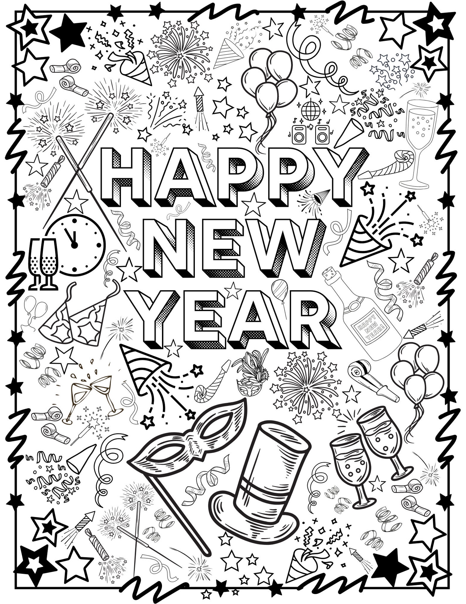 Happy New Year Coloring Page Printable Adult Kids Fun Activity Holiday ...