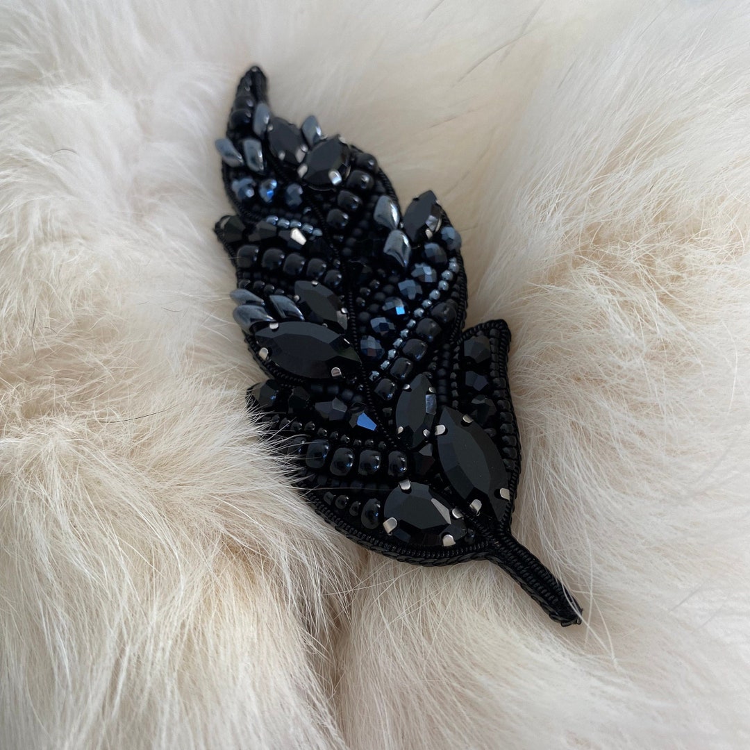 Black Feather Beaded Brooch, Crystal Feather Pin, Black Crow Feather ...