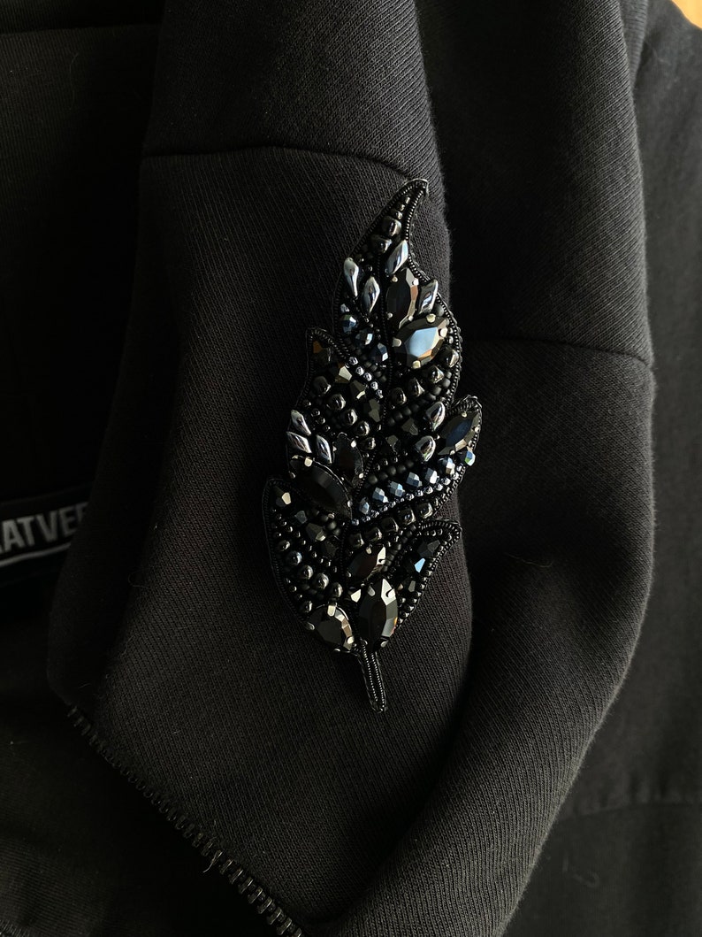 Black Feather Beaded Brooch, Crystal Feather Pin, Black Crow Feather ...