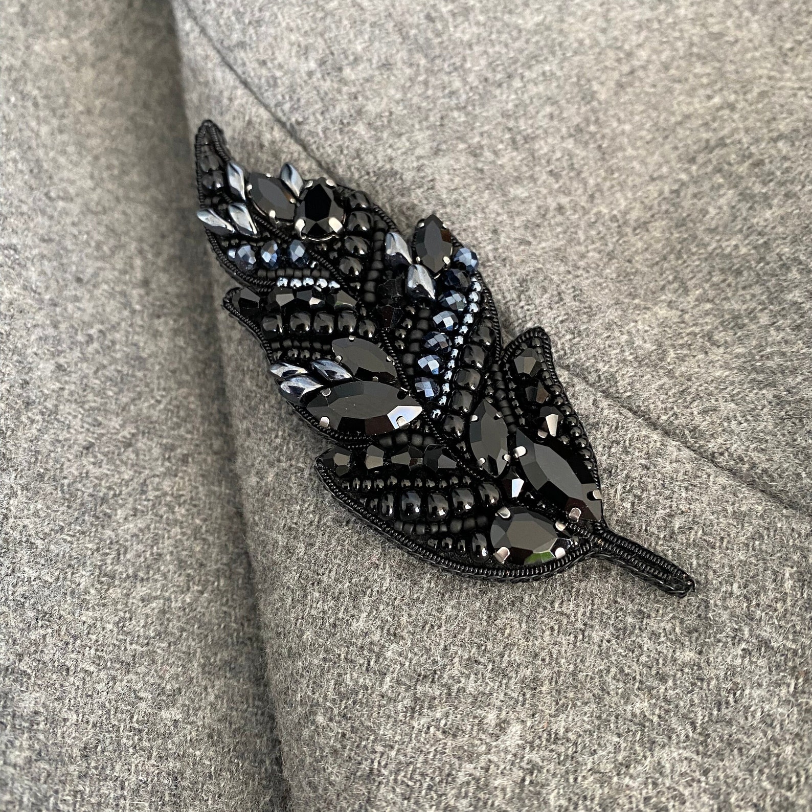 Black Feather Beaded Brooch, Crystal Feather Pin, Black Crow Feather ...