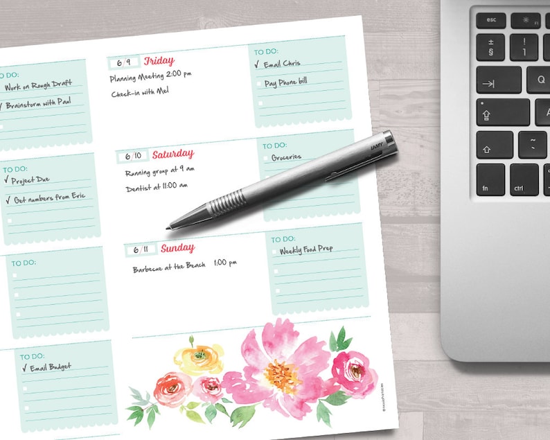 Weekly Calendar Watercolor Flowers - (letter & A4 Sizes) PRINTABLE - Etsy