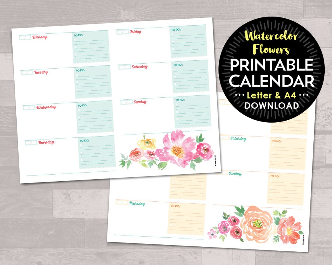 Weekly Calendar Watercolor Flowers - (letter & A4 Sizes) PRINTABLE - Etsy