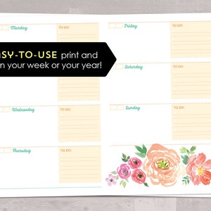 Weekly Calendar Watercolor Flowers - (letter & A4 Sizes) PRINTABLE - Etsy