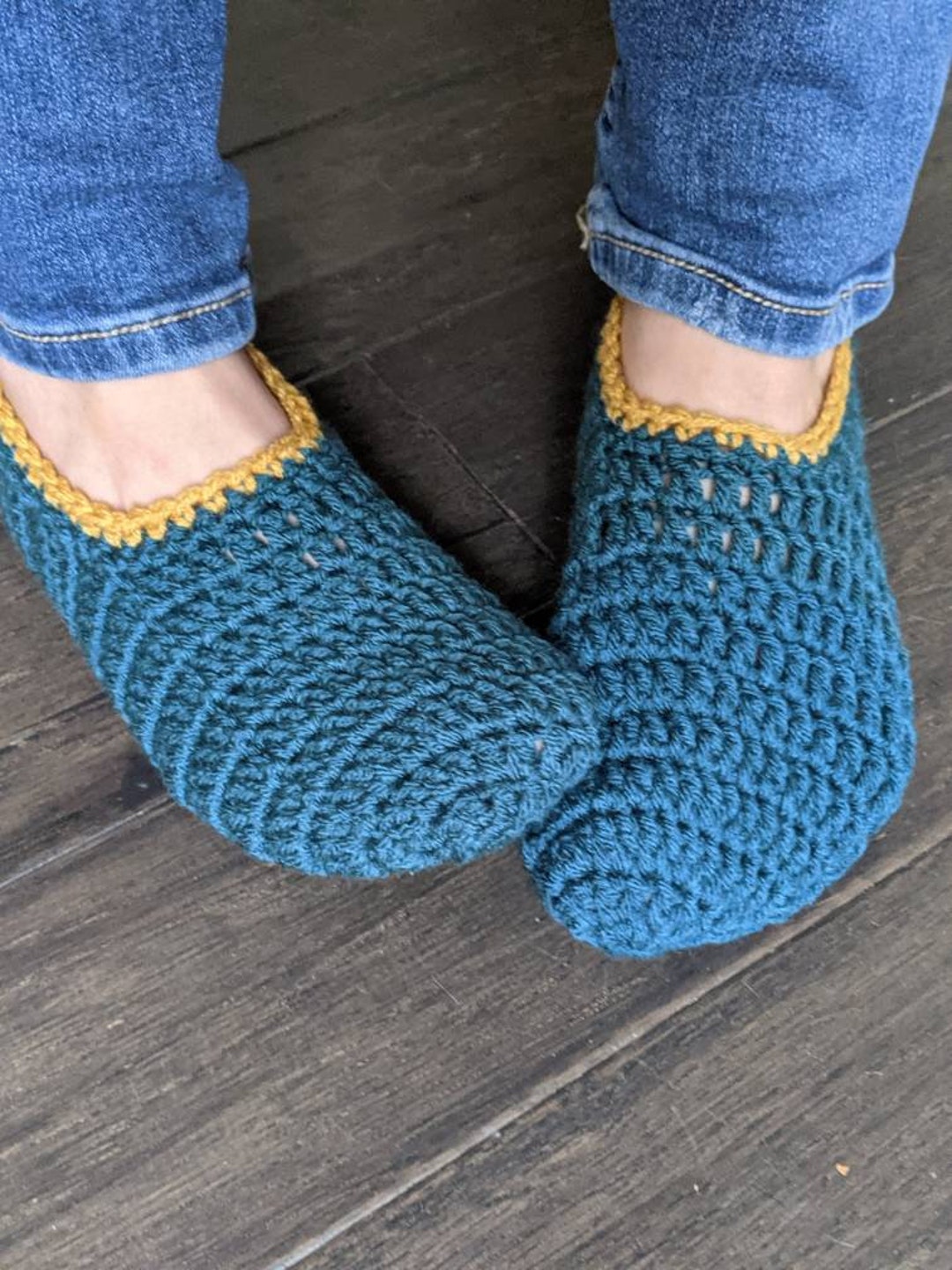 Hand Crochet Teal Slipper Socks, Yellow Trim, Comfy House Shoes - Etsy