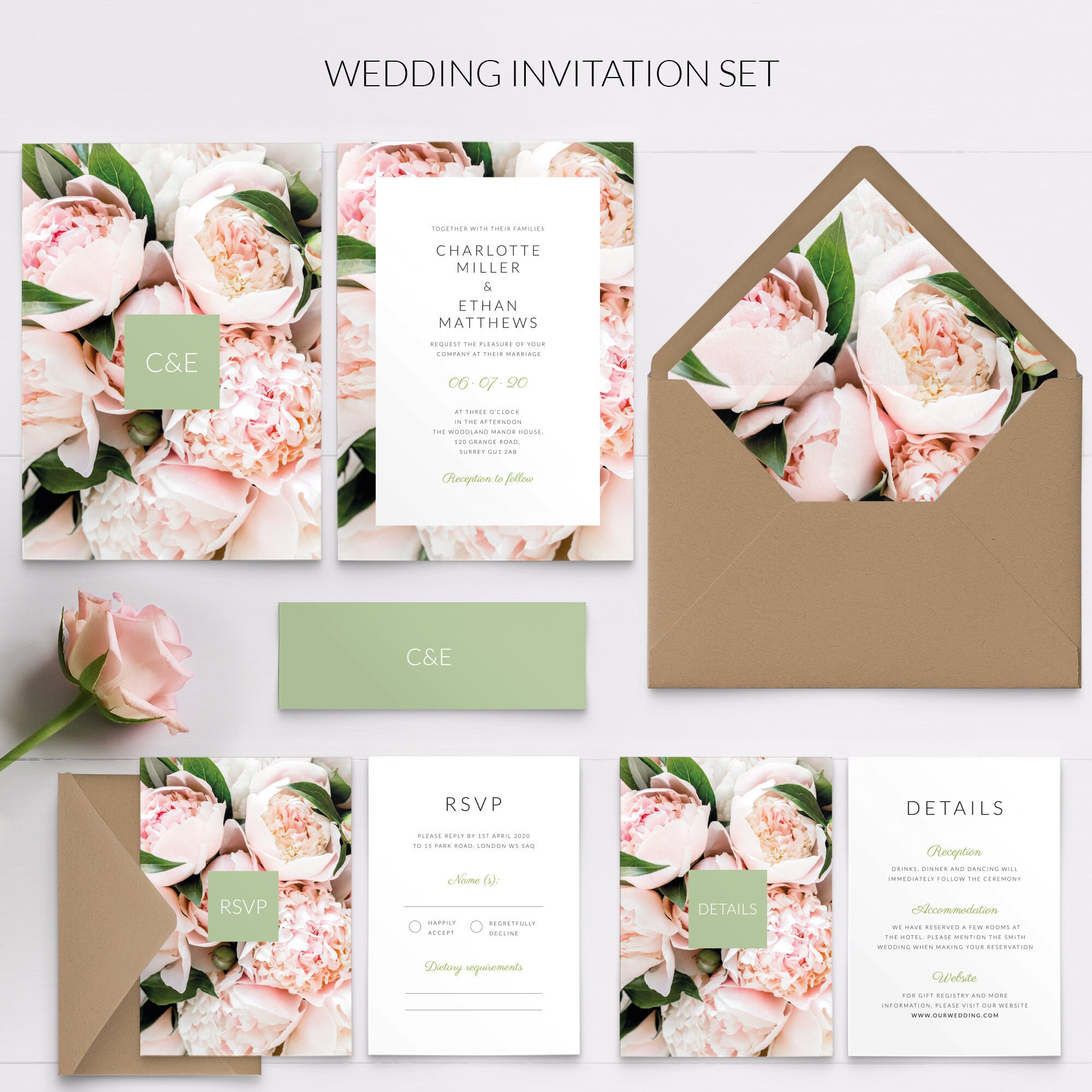 Rustic Floral Wedding Invitation Set, Pink Floral Wedding Invitation ...