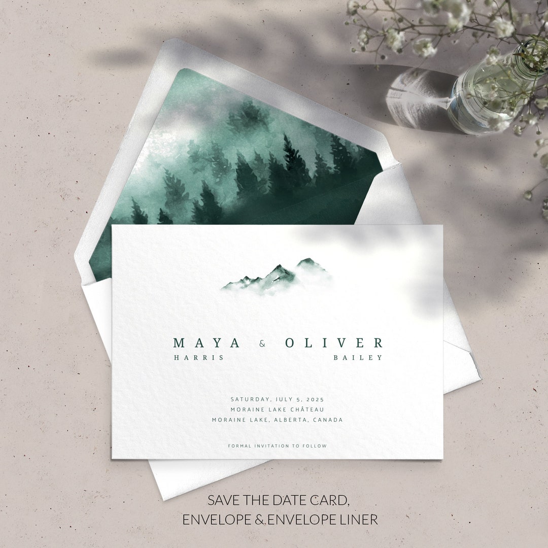 Mountain Save the Date Cards, Forest Woodland Wedding, Winter Save the ...