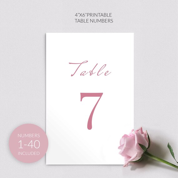 Wedding table numbers printable template - No. 1-40 - Elegant table ...
