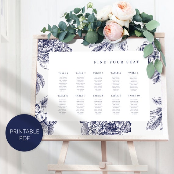 Navy Blue Seating Chart Template - Wedding seating chart sign - Seating ...