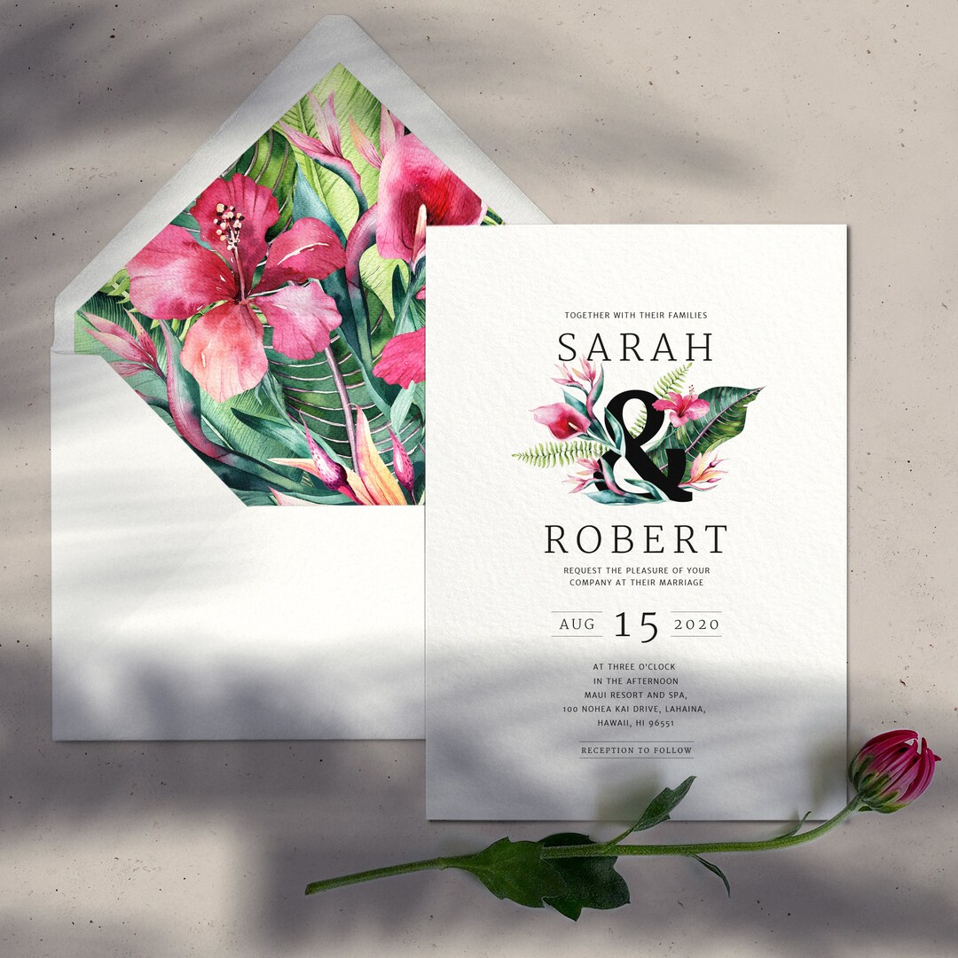 Tropical Wedding Invitations, Tropical Wedding Invite, Pink Tropical ...