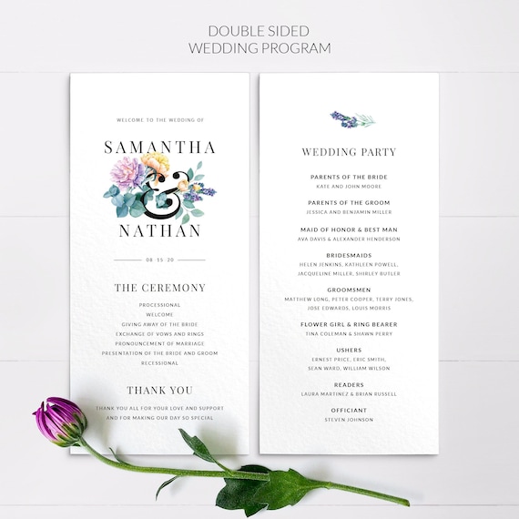 Wedding ceremony program - Floral wedding program template - Printed ...