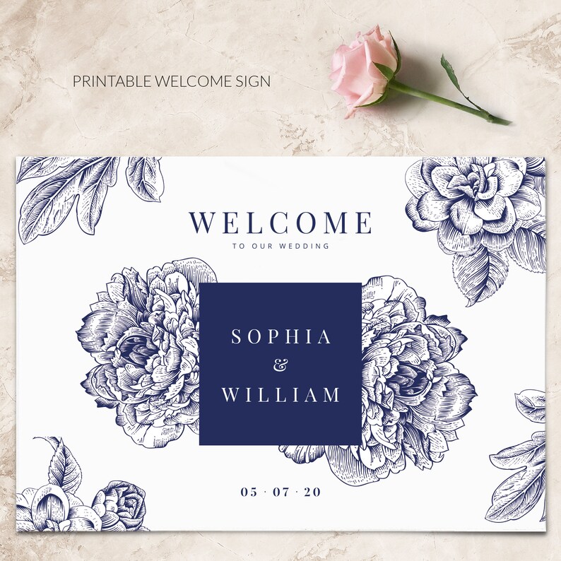 Navy Wedding Welcome Sign Printable Floral Welcome to Our | Etsy