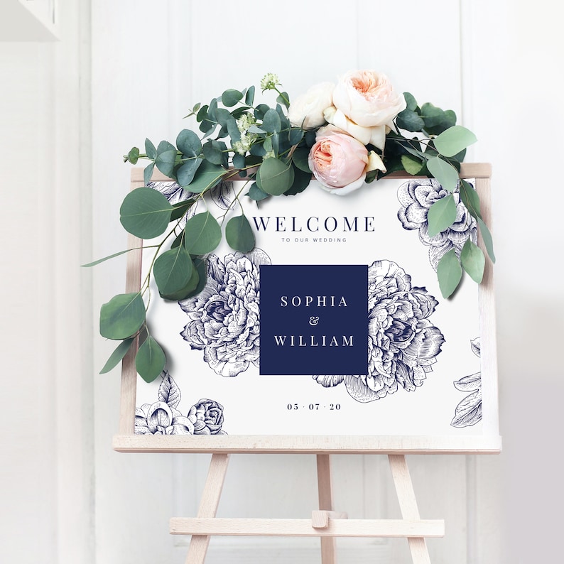 Navy Wedding Welcome Sign Printable Floral Welcome to Our | Etsy