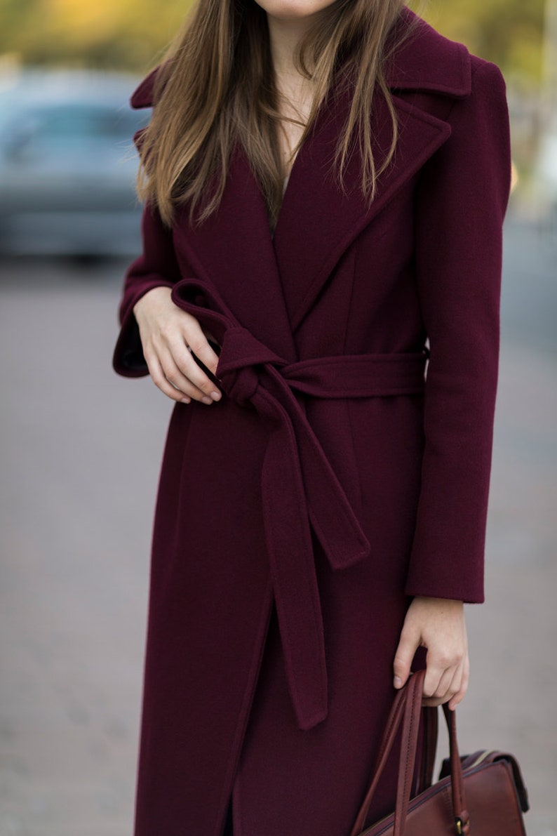 Burgundy Wrap Wool Coat / Autumn Coat With Big Notch Collar / | Etsy