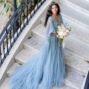 Ethereal Pale Blue Wedding Dress: Tulle Sleeves Floral Bridal Gown - Etsy