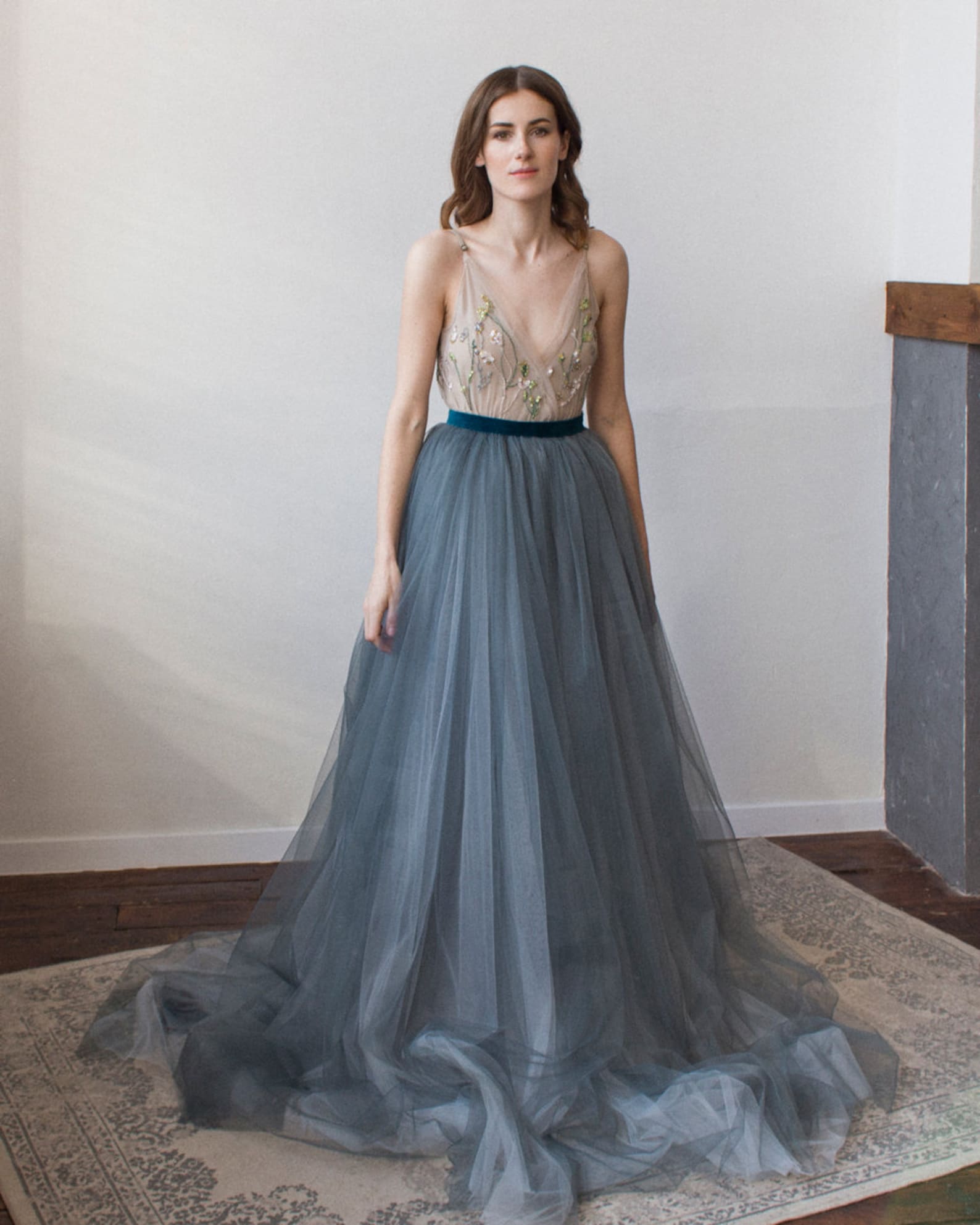 Dark Blue Wedding Dress, Tulle Bridal Full Dress, Bridal Bow Sash Dress ...