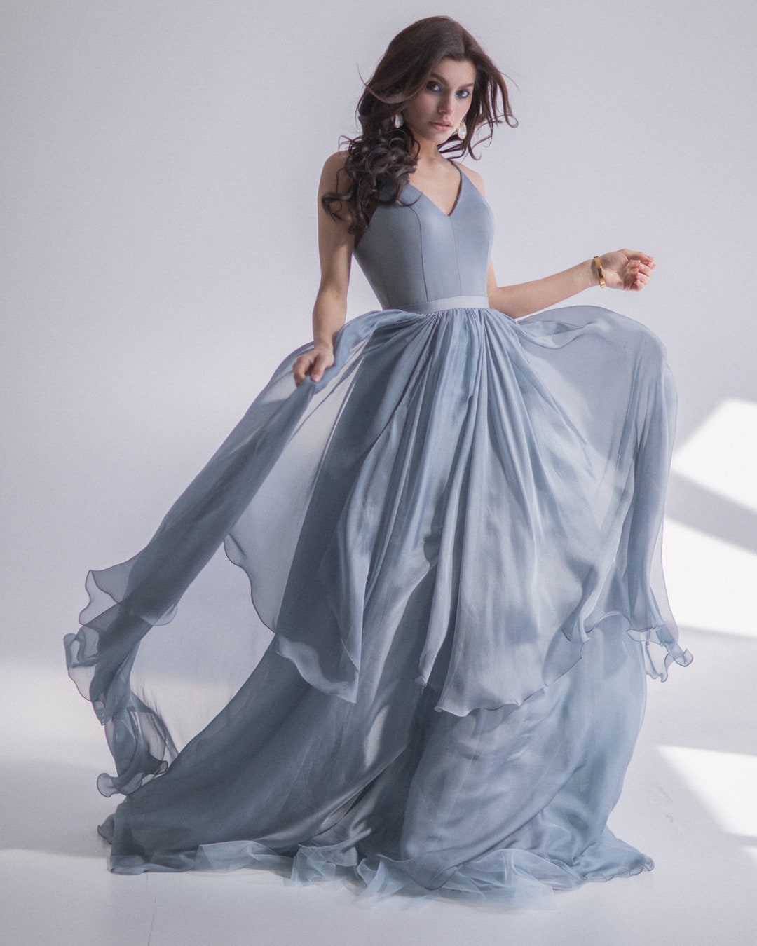 Dark Blue Bridal Gown / Silk Blue and Gray Boning Wedding Gown ...