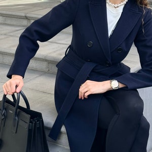 Navy Blue Wool Coat / Lined Warm Coat / Tapered Wool Coat / Fitted Wool ...