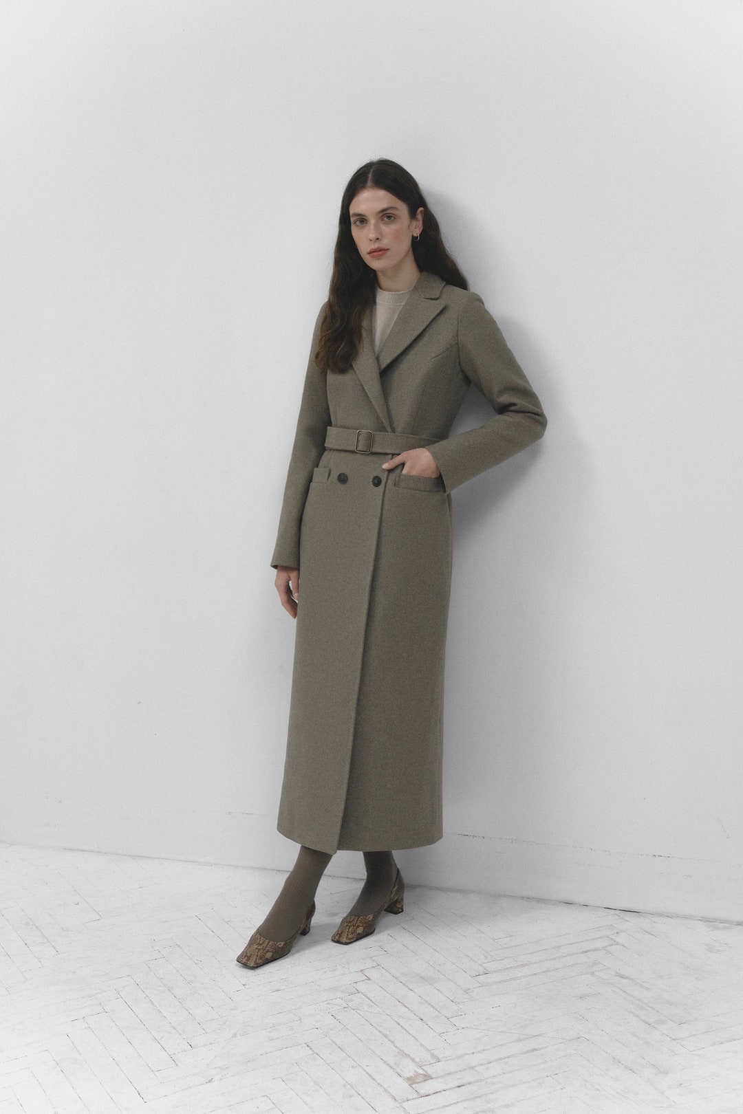 Warm Gray Moss Coat / Autumn Wool Tapered Coat / Maxi Long Warm Coat ...