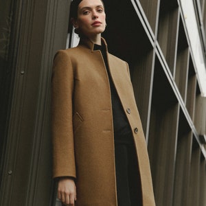 Camel Wool Coat: Short Autumn Jacket With Stand Collar - Etsy