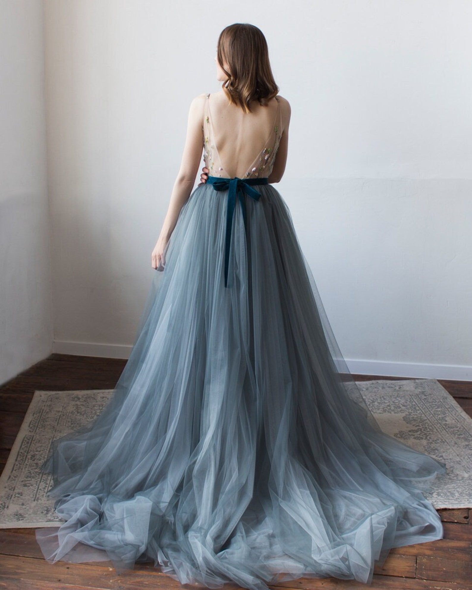 Dark Blue Wedding Dress, Tulle Bridal Full Dress, Bridal Bow Sash Dress ...