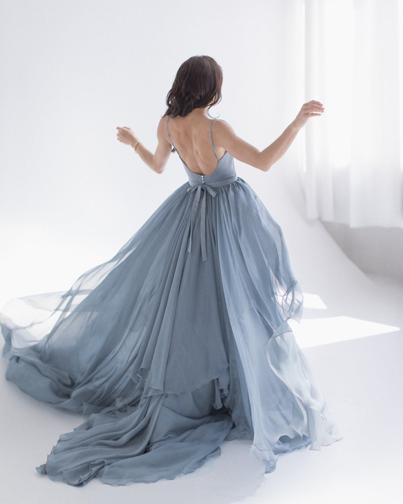 Dark Blue Bridal Gown / Silk Blue and Gray Boning Wedding Gown - Etsy