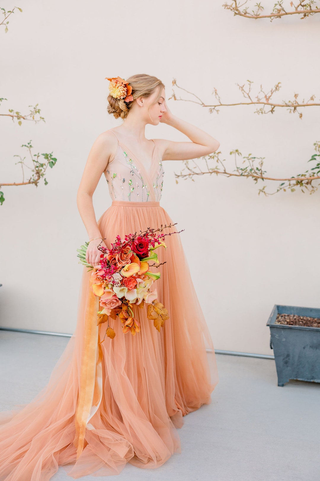 Peach Copper Full Wedding Dress: Hand Embroidered Tulle Bridal Gown, V ...