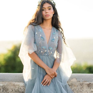 Ethereal Pale Blue Wedding Dress: Tulle Sleeves Floral Bridal Gown - Etsy