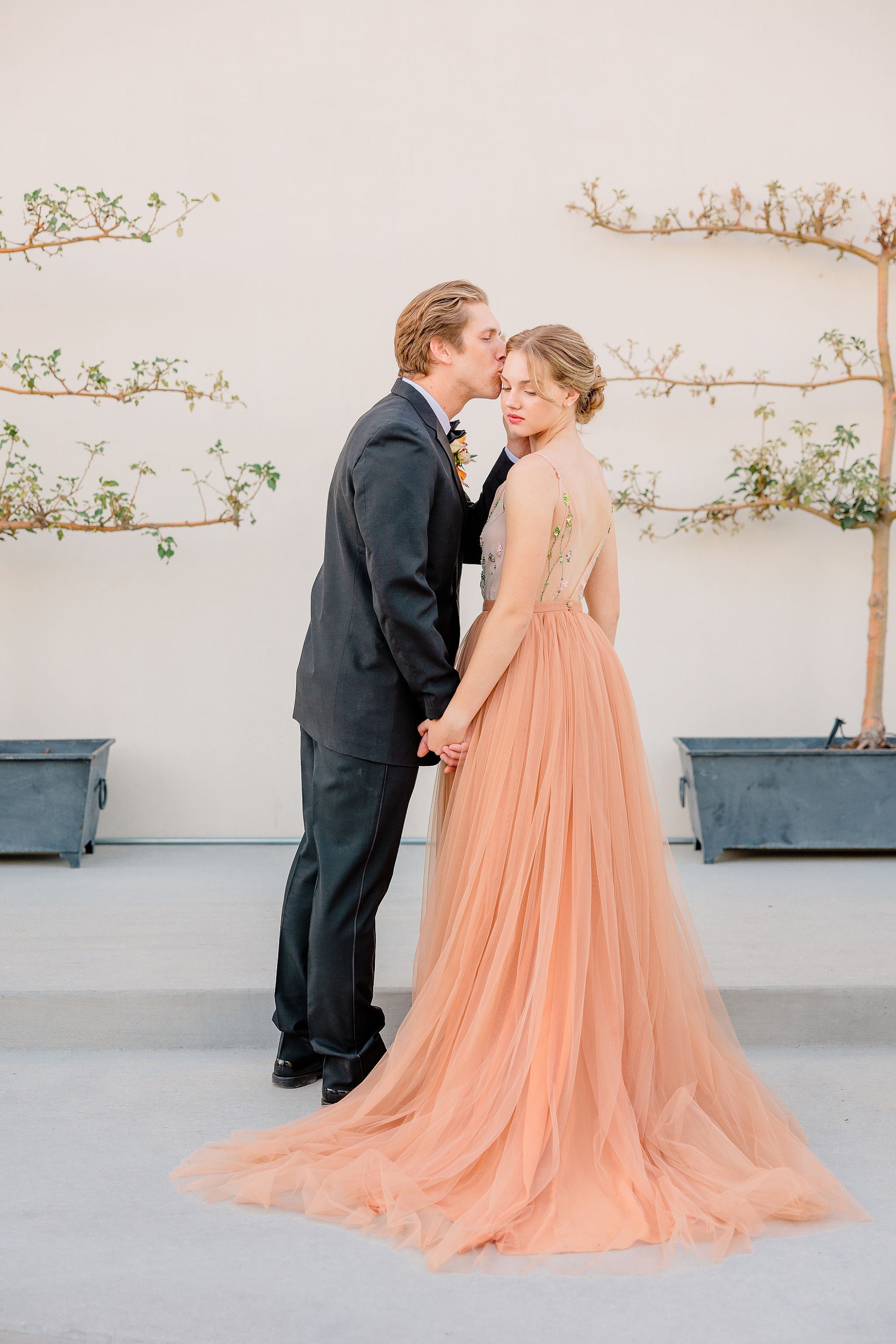 Peach Copper Full Wedding Dress: Hand Embroidered Tulle Bridal Gown, V ...