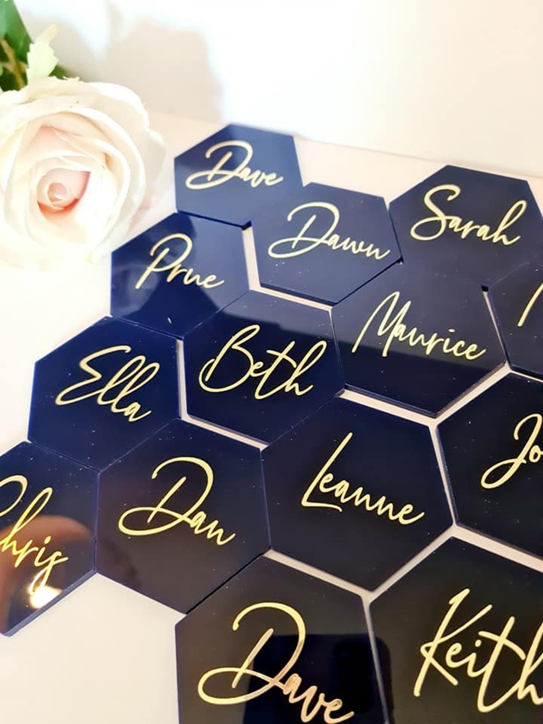 7cm Clear Acrylic Wedding Name Card, Hexagon Style, Colour Acrylic ...