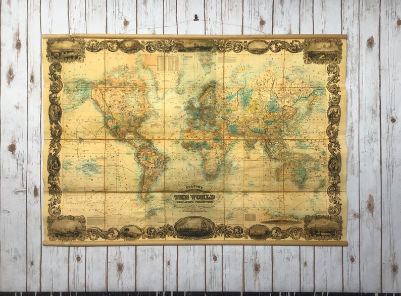 WORLD MAP, 1857. Old Map Reprint. Linen Backed, Folded Map. Wall Decor ...