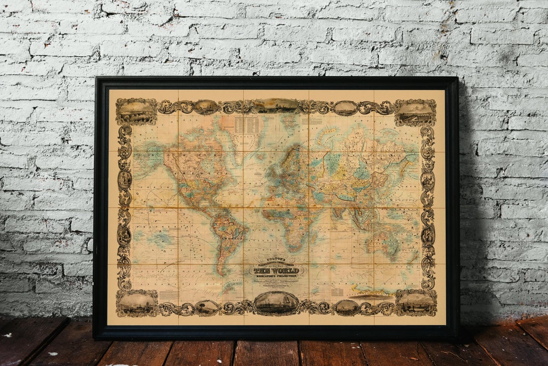 WORLD MAP, 1857. Old Map Reprint. Linen Backed, Folded Map. Wall Decor ...