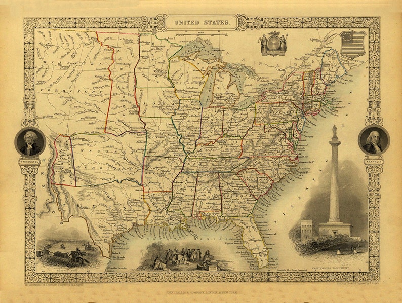 UNITED STATES MAP, 1851. Old Map Reprint. Linen Backed, Folded Map ...