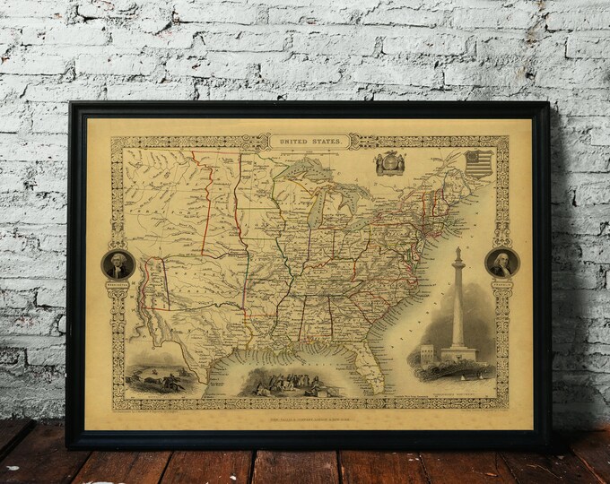 UNITED STATES MAP, 1851. Old Map Reprint. Linen Backed, Folded Map ...