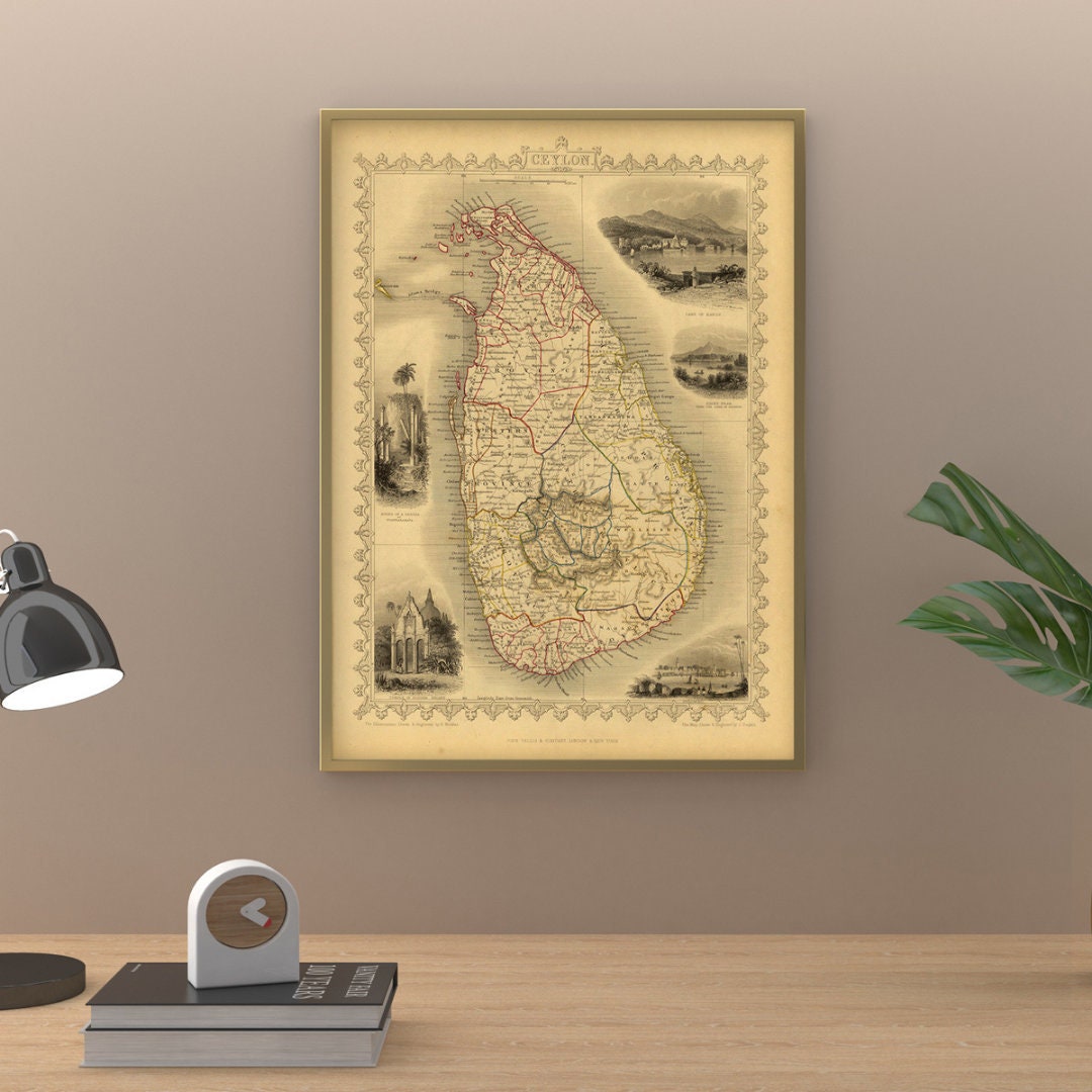 SRI LANKA (CEYLON) Map 1851. Old Map Reprint. Linen Backed, Folded Map ...